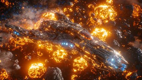Futuristic Spacecraft Navigating Through Explosive Asteroid Field In