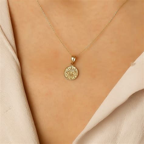 14k Solid Gold Evil Eye Pendant Necklace Rose Gold Nazar Hamsa Good