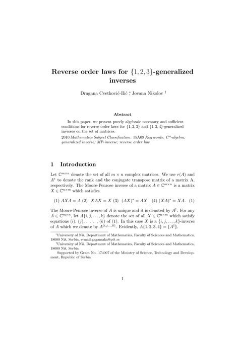 Pdf Reverse Order Laws For 123 123 Generalized Inverses