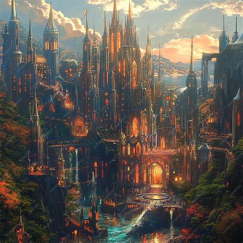 Fantasy Realm With Towering Spires And Radiant Architecture Premium