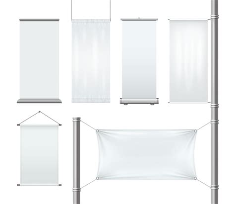 빈 섬유 배너입니다 현실적인 흰색 패브릭 스트레치 포스터 수평 및 수직 광고 및 이벤트 발표 모형 투명 한 배경에 빈 패브릭 광고 플래그입니다 벡터 세트 프리미엄 벡터