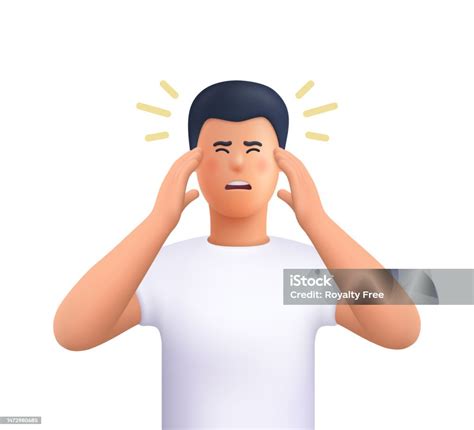 스트레스에 빠진 청년 머리에 손을 들고 편두통 스트레스 두통 개념 3d 벡터 사람들 캐릭터 그림입니다 만화 최소한의 스타일 3차원 형태에 대한 스톡 벡터 아트 및 기타