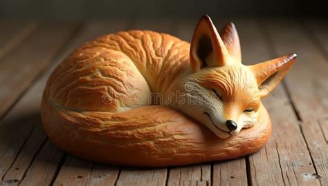 Adorable Sleeping Fox Bread Sculpture On Wood Stock Illustration