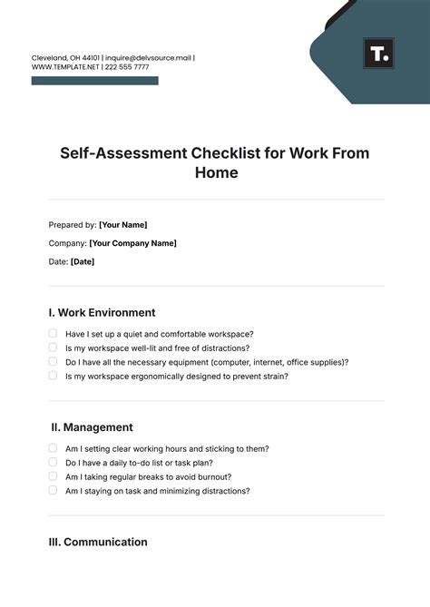 Free Self Assessment Checklist For Work From Home Template To Edit Online