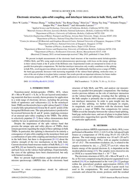 Pdf Electronic Structure Spin Orbit Coupling And Interlayer Interaction In Bulk Mos 2 And Ws 2