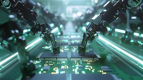 Futuristic Pcb Assembly Line With Robotic Arms Meticulously Placing