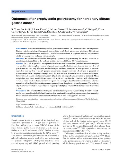 Pdf Outcomes After Prophylactic Gastrectomy For Hereditary Diffuse Gastric Cancer