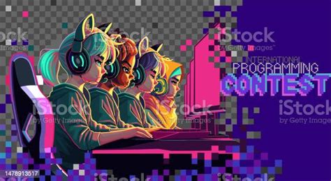 다양한 소녀 프로그래머 팀이 헤드셋을 쓰고 컴퓨터 앞에 앉아 있습니다 Hackathon에 대한 스톡 벡터 아트 및 기타 이미지 Hackathon