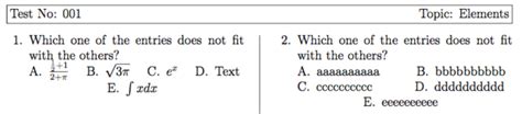 horizontal alignment optimizing centered answers in exam class tex
