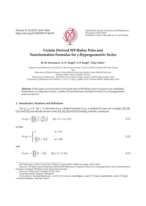 Pdf Certain Derived Wp Bailey Pairs And Transformation Formulas For Q