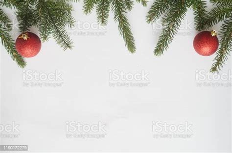 크리스마스 또는 새해 구성 상단보기 흰색 배경에 두 개의 빨간 공과 크리스마스 나무 가지 아래의 카피 스페이스 0명에 대한 스톡