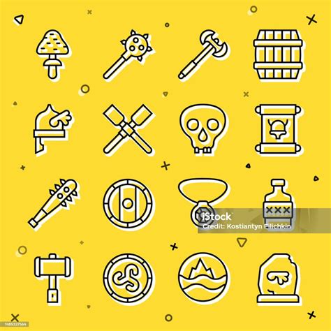 세트 라인 마법 룬 위스키 병 법령 양피지 두루마리 중세 장대도끼 노 또는 외륜선 뿔 달린 헬멧을 쓴 바이킹 버섯 및 해골 아이콘 벡터 검은색에 대한 스톡 벡터 아트 및