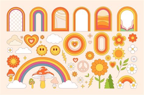 Premium Vector Colorful Groovy Nature Element Set Collection
