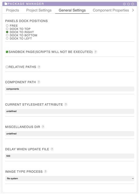 Tilepieces Documentation Panels · Package Manager · General Settings
