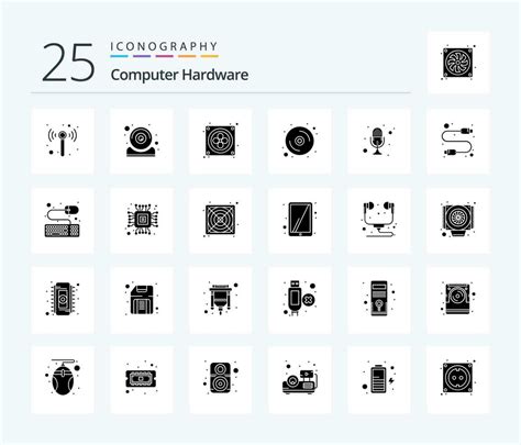 Computer Hardware 25 Solid Glyph icon pack including recorder. microphone. fan. mic. disk ...