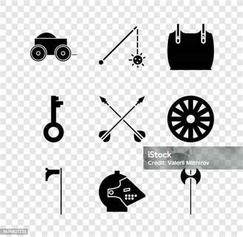 나무 4륜 카트 중세 사슬 철퇴 공 방탄복 도끼 철제 헬멧 오래된 키 및 교차 화살표 아이콘을 설정합니다 벡터 강철에 대한 스톡 벡터 아트 및 기타 이미지 Istock