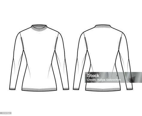 피셔맨 스웨터 테크니컬 패션 일러스트와 크루넥 긴 소매 몸에 맞는 엉덩이 길이 니트 트림 플랫 0명에 대한 스톡 벡터 아트 및 기타 이미지 Istock