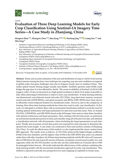 Pdf Evaluation Of Three Deep Learning Models For Early Crop Classification Using Sentinel 1a