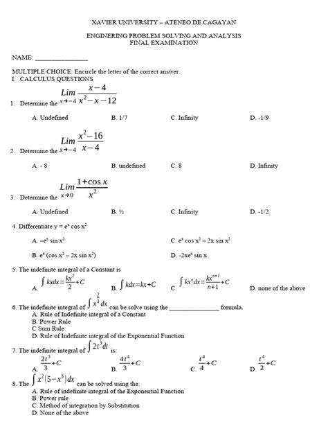 Final Examination Problem Solving And Analysis Questionnaire Pdf