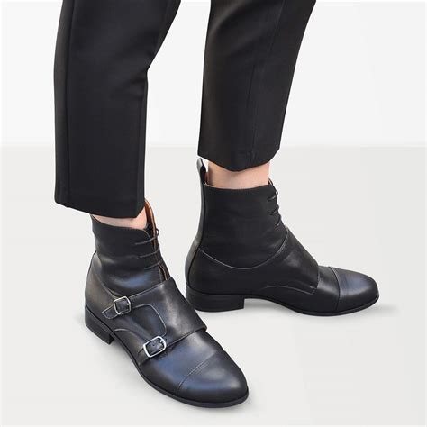 Bolton Womens Handcrafted Black Leather Monk Strap Boots Womens