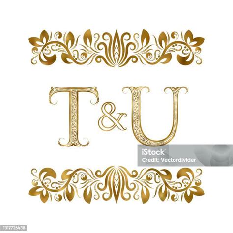 T 와 U 빈티지 이티오 기호 문자는 장식 요소로 둘러싸여 있습니다 결혼식 또는 비즈니스 파트너 로얄 스타일의 모노그램 결혼식에 대한 스톡 벡터 아트 및 기타 이미지