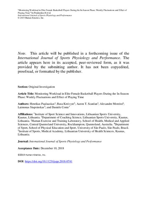 Pdf Monitoring Workload In Elite Female Basketball Players During The In Season Phase Weekly