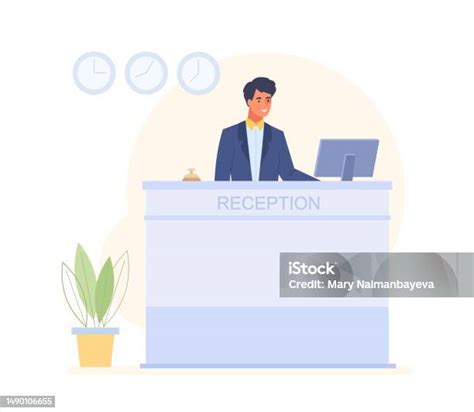 남자는 호텔 리셉션 데스크에 서서 컴퓨터 작업을 한다 로비의 친절한 남성 접수원 호텔 리셉션에 대한 스톡 벡터 아트 및 기타