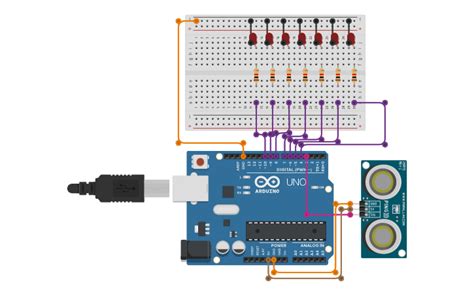 circuit design sensor ultrassônico e leds tinkercad