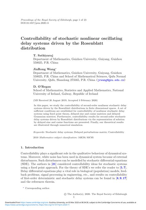 Pdf Controllability Of Stochastic Nonlinear Oscillating Delay Systems