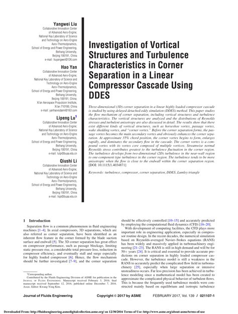 Pdf Investigation Of Vortical Structures And Turbulence Characteristics In Corner Separation
