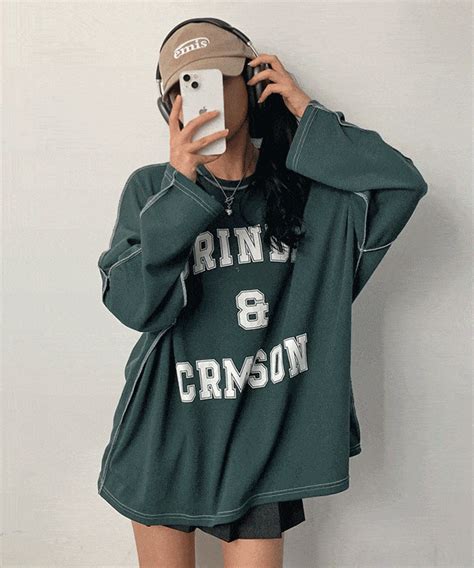 하의실종가능 보호본능 자극하는 꾸안꾸 스티치 오버핏 레터링 긴팔 맨투맨 티셔츠 에이블리