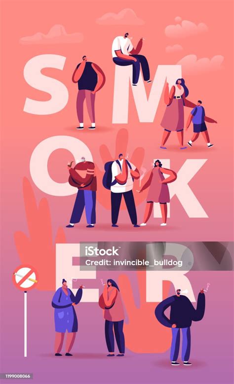 흡연자 와 흡연 중독 개념 젊은이와 노인은 공공 장소에서 담배와 파이프를 연기 남성 및 여성 캐릭터 나쁜 습관 포스터 배너 전단지 브로셔 만화 플랫 벡터 일러스트 담배에