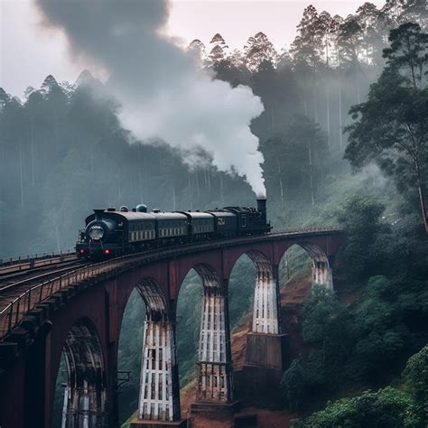 Premium Ai Image A Train Is Going Over A Bridge With Trees In The