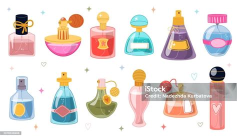 만화 향수 병 디자인 유리 화장실 물 플라스크 향기로운 액체 패키지 기분 좋은 냄새가 뿌려집니다 미용 제품 아로마 화장품 향수 용기 최근 벡터 세트 0명에 대한 스톡 벡터