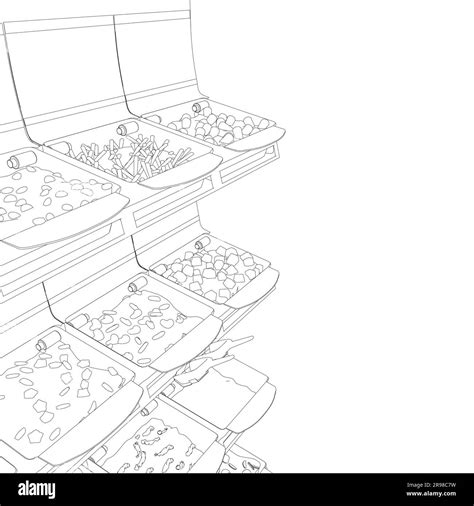 outline grocery market counter supermarket showcase and checkout