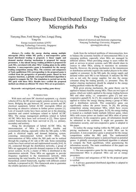 Pdf Game Theory Based Distributed Energy Trading For Microgrids Parks