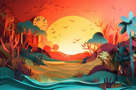 Premium Ai Image Paper Art Of A Sunset With A Sun And Trees