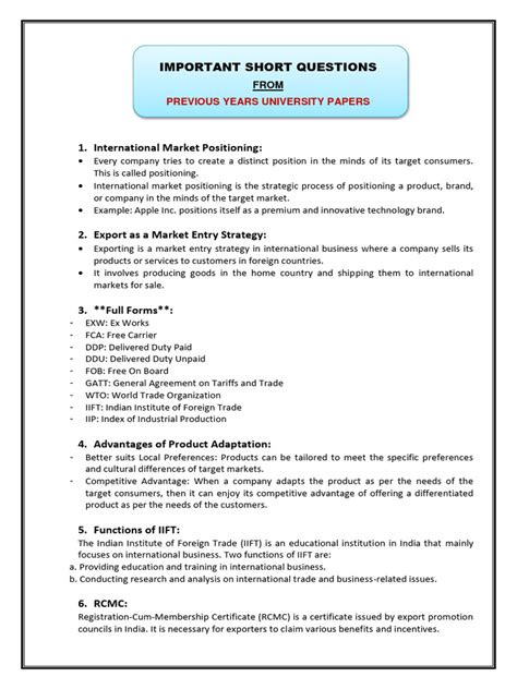 Imm Short Ques Past Papers Pdf Economies Business