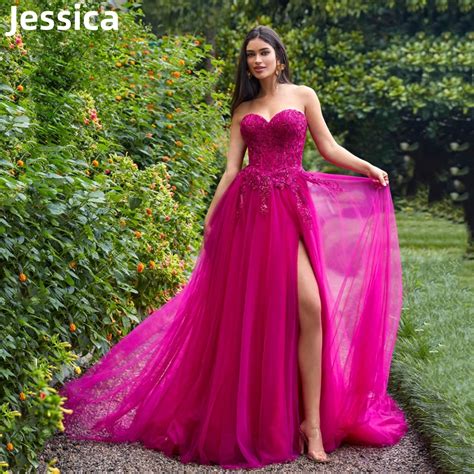Jessical Sexy Strapless Prom Dresses Lace Appliqu Prom Dress A Line