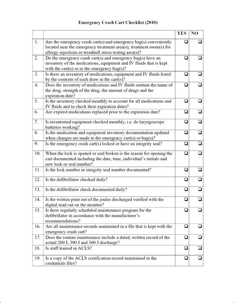 Printable Crash Cart Checklist Template Printable Crash Cart Checklist Template