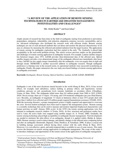 Pdf A Review Of The Application Of Remote Sensing Technologies In Earthquake Disaster