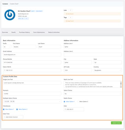 custom contact fields fluentcrm