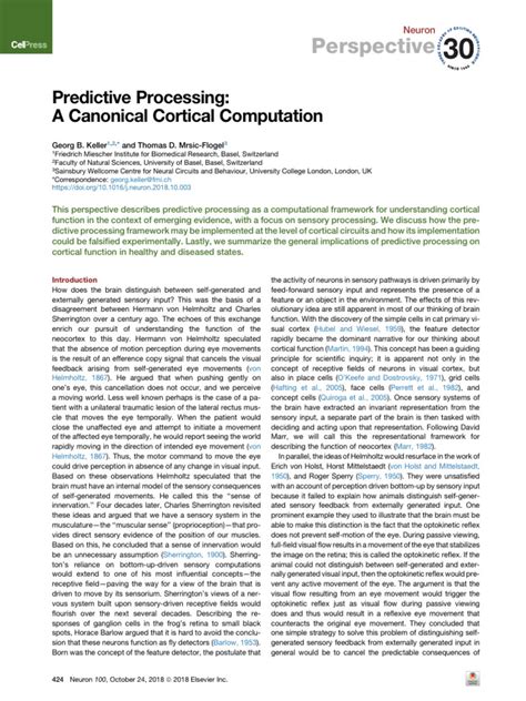 Predictive Processing A Canonical Cortical Computation Pdf Cerebral Cortex Perception