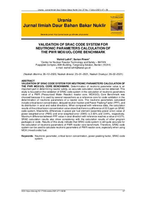 Pdf Validation Of Srac Code System For Neutronic Parameters Calculation Of The Pwr Moxuo2