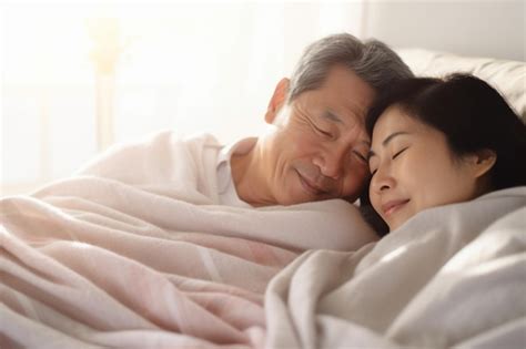 毛布で覆われたベッドで寝て抱き合う成熟したアジアのロマンチックなカップル プレミアム写真