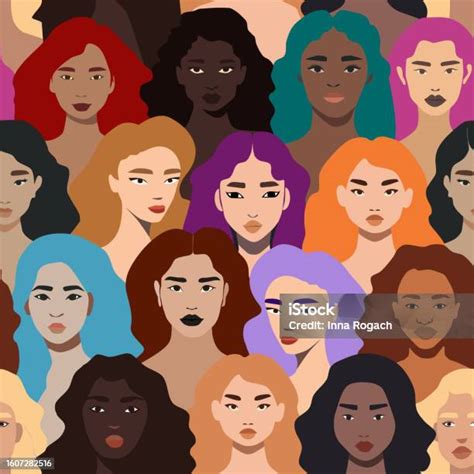 다른 민족의 매끄러운 패턴의 다양한 여성 얼굴 평등 개념 국제 여성 행동주의 페미니즘 포용 3월에 대한 스톡 벡터 아트 및 기타 이미지 Istock