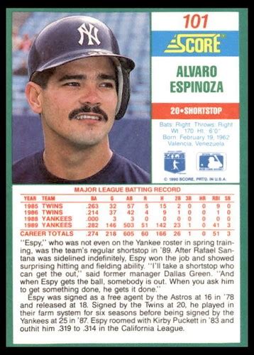 1990 Score 101 Alvaro Espinoza New York Yankees Baseball Card Ebay