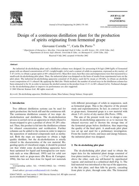 Design Of A Continuous Distillation Plant For The Production Of Spirits Originating From