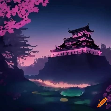Ancient Japanese castle in a cherry blossom forest at night with ...