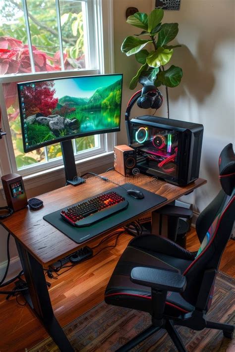 modern gaming setup with rgb lit computer gaming chair and large